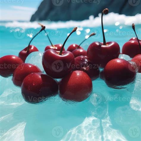 Cherries Floating In The Water During Summer Sunlight Colorful Capture