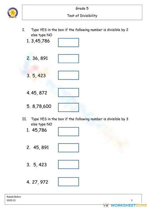 Test Of Divisibilty Worksheet