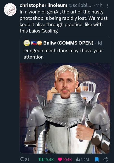 Ryan Gosling Photoshopped Laios Gosling Dungeon Anime Funny Memes