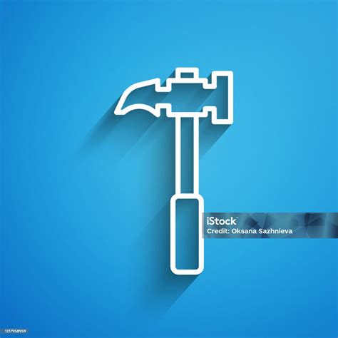 파란색 배경에 격리 된 흰색 선 발톱 망치 아이콘입니다 목수 망치 수리를위한 도구 긴 그림자 벡터 일러스트레이션 갈고리 발톱에