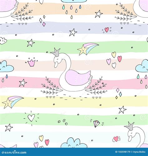 Hand Drawn Seamless Pattern With Swan Vector Illustration Stock Vector