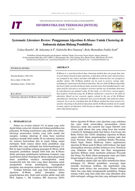 PDF Systematic Literature Review Penggunaan Algoritma K Means Untuk Clustering Di Indonesia