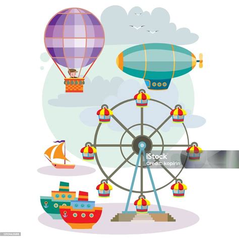 관람차는 열기구 에어로스타트 선박 만화 일러스트 흰색 배경에 고립 된 물체 벡터 일러스트가있는 놀이 공원 건설 산업에 대한 스톡 벡터 아트 및 기타 이미지 Istock