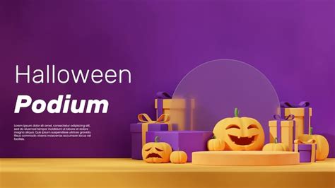 풍경 선물 상자와 잭 오 랜턴 3d 렌더링 템플릿 모형의 노란색 실린더 연단 프리미엄 Psd 파일