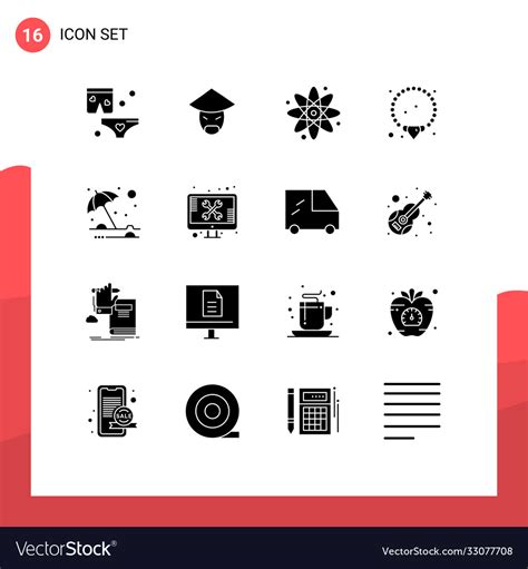 set 16 solid glyphs on grid for summer beach vector image