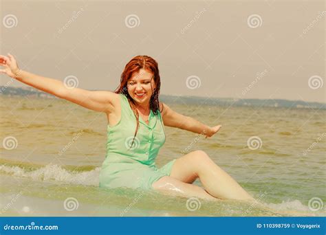 Redhead Woman Posing In Water During Summertime Stock Image Image Of