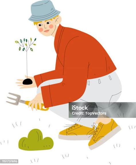젊은 남자 심기 묘 정원 또는 농장 벡터 일러스트 레이 션에서 작업 하는 사람 원예에 대한 스톡 벡터 아트 및 기타 이미지