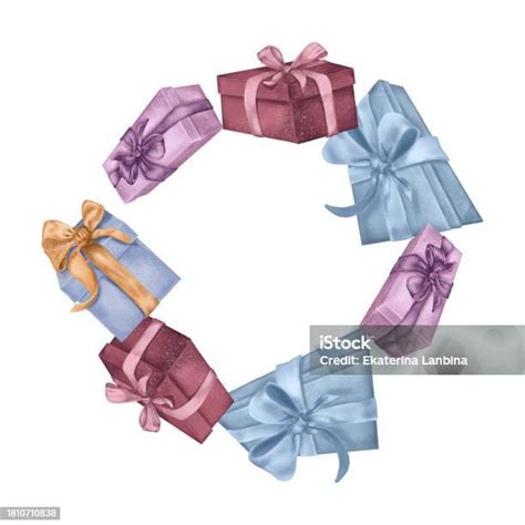 선물 상자와 큐브 디지털 일러스트 레이 션의 원형 프레임은 흰색에 고립되어 있습니다 선물 상자 파스텔 색조 손으로 그린 장식 생일 카드 휴일 초대장 패키지 요소 2024년에