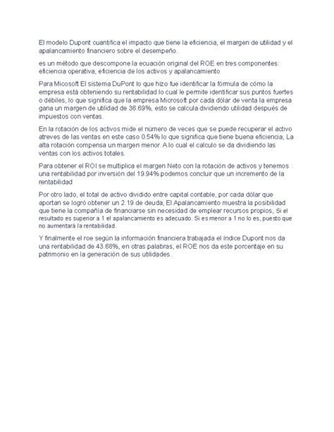 Ejercicio Dfd El Modelo Dupont Cuantifica El Impacto Que Tiene La Eficiencia El Margen De