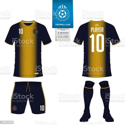 축구 유니폼 이나 축구 키트 짧은 양말 템플릿 스포츠 클럽 축구 T셔츠를 비웃는 다 전면 및 후면 볼 축구 유니폼 블루 라벨에 플랫 축구 로고입니다 벡터입니다 T 셔츠에