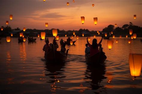 Premium Ai Image People Floating Lanterns In The Water At Sunset