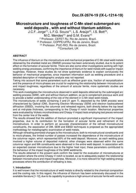 Pdf Iiw Doc Ix 2674 19 Microstructure And Toughness Of C Mn Steel Submerged Arc Weld Deposits
