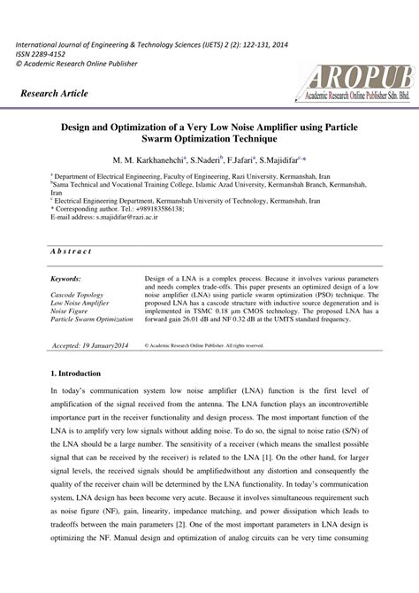 Pdf Design And Optimization Of A Very Low Noise Amplifier Using Particle Swarm Optimization