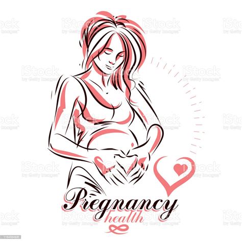 임신 한 여성의 몸 모양 손으로 그린 벡터 일러스트 레이 션 아름 다운 레이디 부드럽게 그녀의 배를 만지고 어머니의 날 개념 전단 구도에 대한 스톡 벡터 아트 및 기타