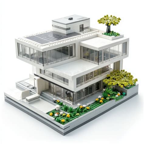 Modern Architectural Model Featuring A Sleek Design With Greenery And Solar Panels Stock
