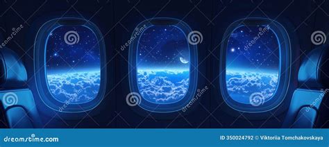 Night Sky View Through Airplane Window With Moon Stars And Clouds