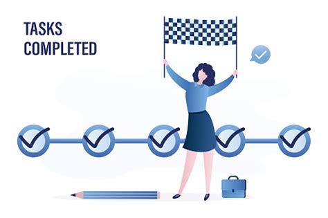 사업가가 결승 깃발을 들고 있습니다 확인 표시가 있는 체크리스트 완료된 작업의 개념 목표 달성 성취 시간 계획 및 관리 작업 및