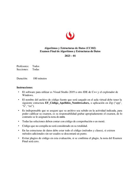 Cc182 Examen Final De Algoritmos Y Estructuras De Datos 2023 1 Caso I