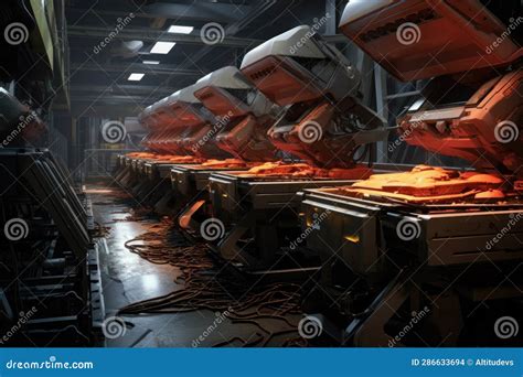 robotic arms sorting packages on conveyor belts stock illustration