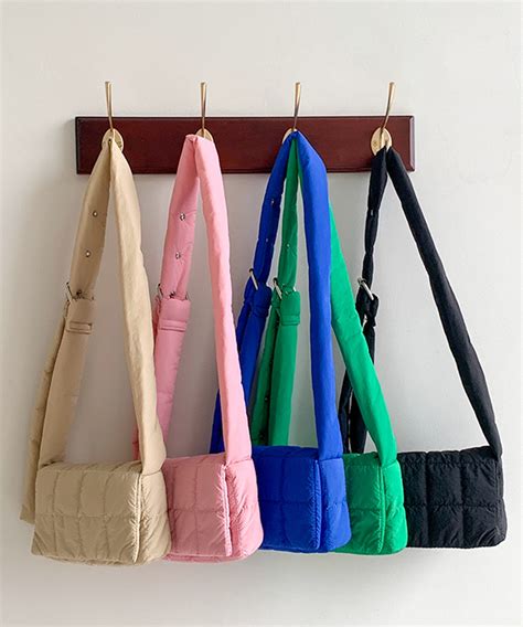 폴리 나일론 패브릭 누빔 패딩 스퀘어 미니 크로스백 블랙 핑크 그린 블루 베이지