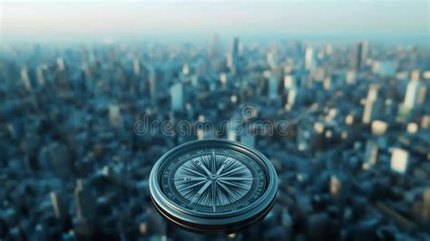 Futuristic Compass Overlooking Urban Landscape Stock Image Image Of Measurement Perspective