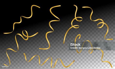 골드 곱슬 리본 뱀 색종이 투명 한 배경에 설정 하는 황금 스트리머 화려한 디자인 장식 파티 휴일 이벤트 카니발 크리스마스 새해 인사말 벡터 일러스트레이션 Carnival에