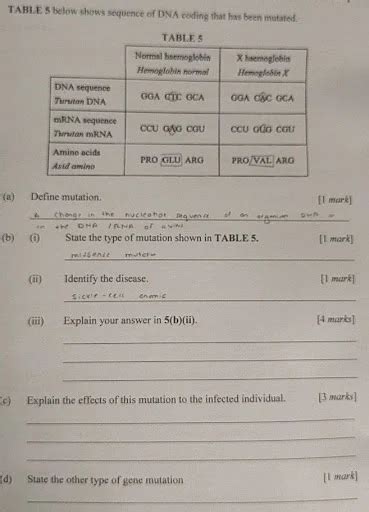 Tabl E 5 Below Shows Sequence Of Dna Coding That Has Been Mutatedtable
