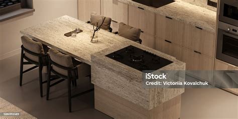 천연 소재로 된 우아하고 세련된 보헤미안 주방 인테리어 나무 캐비닛 석재 조리대 및 콘크리트 바닥 야간 조명이 있는 코너 탑 뷰 3d 렌더링 고품질 3d 그림 거실에 대한