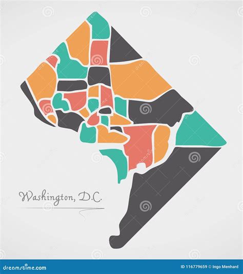 Washington Dc Map With Neighborhoods And Modern Round Shapes Stock