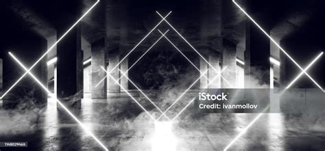 연기 공상 과학 소설 네온 현대 미래 발광 백색 레이저 쇼 단계 궤도 경로 입구 문 지 하 차고 회관 갱도 복도 광택 있는 어두운 클럽 우주선 3d 렌더링 0명에 대한 스톡