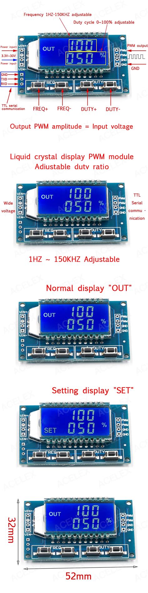 Modulexy Apwm1 Générateur De Signal Pwm Module De Carte à écran Lcd Réglable 1hz 150khz 33v 30v