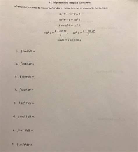 Solved 82 Trigonometric Integrals Worksheet Information You