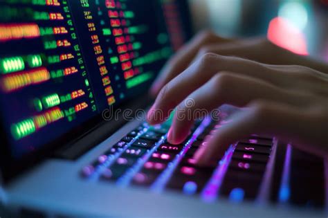 A Close Up View Of Hands Typing On A Laptop Illuminated By Colorful
