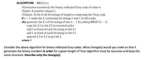 ALGORITHM BRGC N Generates Recursively The Binary Chegg