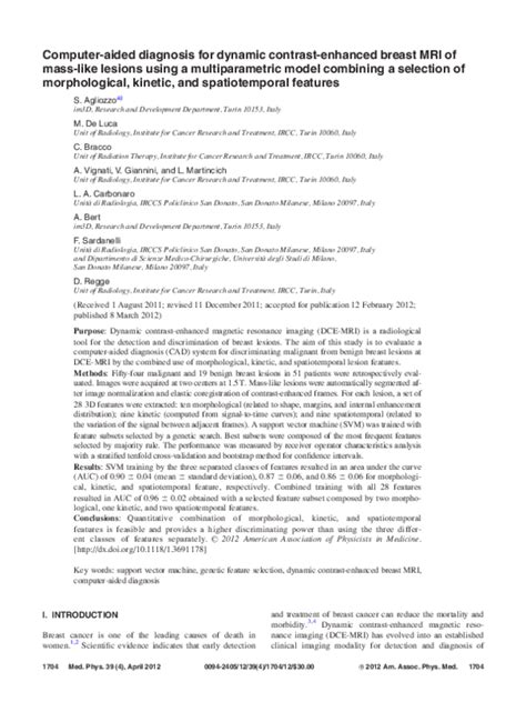 Pdf Computer Aided Diagnosis For Dynamic Contrast Enhanced Breast Mri Of Mass Like Lesions