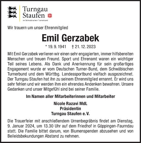 Traueranzeigen Von Emil Gerzabek Südwest Presse Trauer