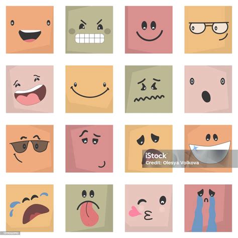 다채로운 추상 이모티콘 세트 다양한 감정을 가진 만화 얼굴 다른 다채로운 캐릭터 만화 스타일 플랫 디자인 이모티콘얼굴 이모티콘 미소 디지털 웃는 표현 감정 채팅 메신저 만화