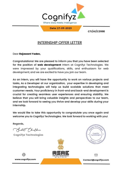 An Intern Offer Letter From Cognifyz Technologies 😊 Rajawant Yadav