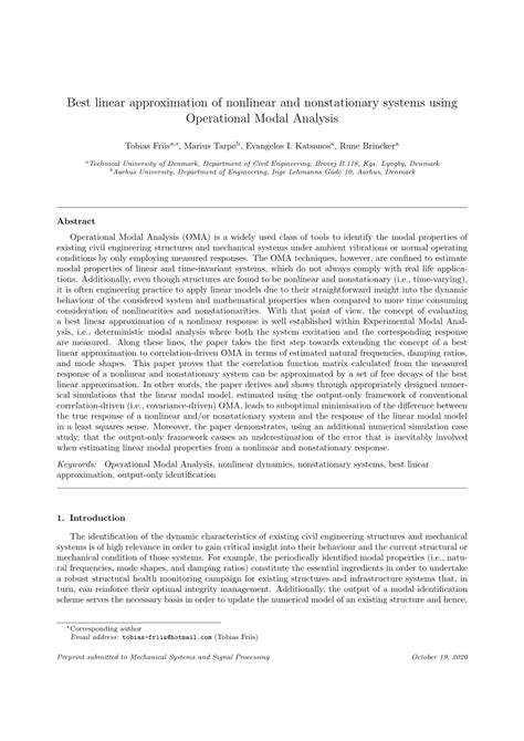 Pdf Best Linear Approximation Of Nonlinear And Nonstationary Systems