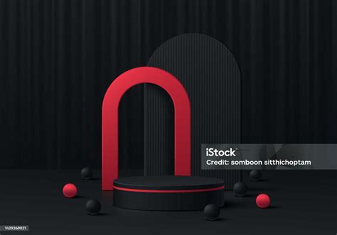 아치 모양과 검은 커튼 배경이있는 사실적인 3d 블랙 레드 실린더 받침대 연단 블랙 프라이데이 판매 개념 제품 무대 쇼케이스에