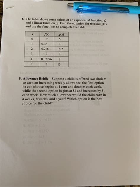 solved 6 the table shows some values of an exponential