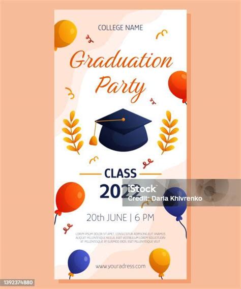 발롱 모자 및 글로든 가지가있는 졸업 파티 수직 배너 벡터 레이아웃 초대 템플릿입니다 학위 수여식 초대 학생 인사말 디자인 2022년에 대한 스톡 벡터 아트 및 기타 이미지