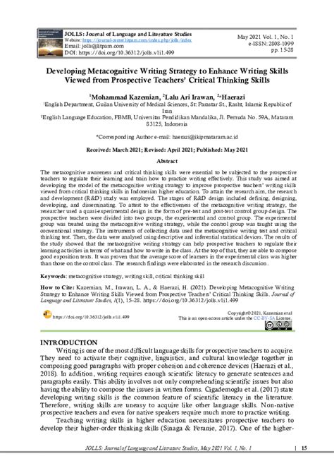Pdf Developing Metacognitive Writing Strategy To Enhance Writing