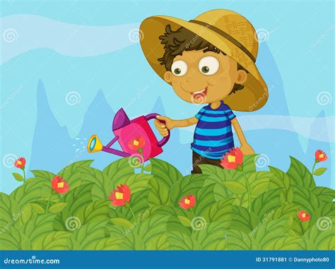 A Boy Watering The Plants In A Garden Stock Vector Illustration Of