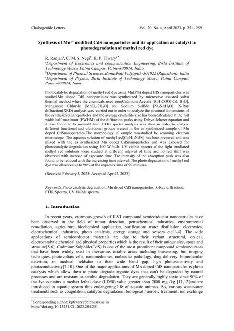 Pdf Synthesis Of Mn2 Modified Cds Nanoparticles And Its Application
