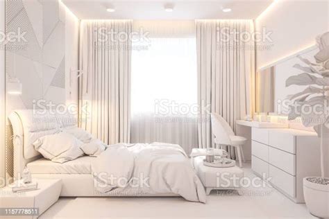 스칸디나비아 스타일의 마스터 침실의 인테리어 디자인 화이트 컬러의 질감이없는 내부의 3d 일러스트 0명에 대한 스톡 사진 및 기타 이미지 Istock