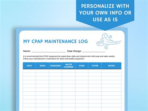 Editable Cpap Maintenance Log Clean And Healthy Equipment Chart Care Guide For Your Cpap