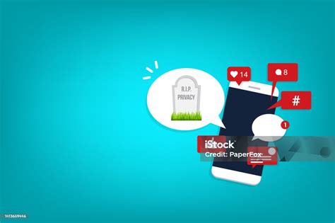 소셜 미디어 개념 바이러스 성 콘텐츠 소셜 활동 및 Smm 좋아요 공유 및 댓글이 모바일 화면에 나타나고 연설 거품과 평화로운 개인 정보 보호 텍스트에 휴식이있는 묘비와