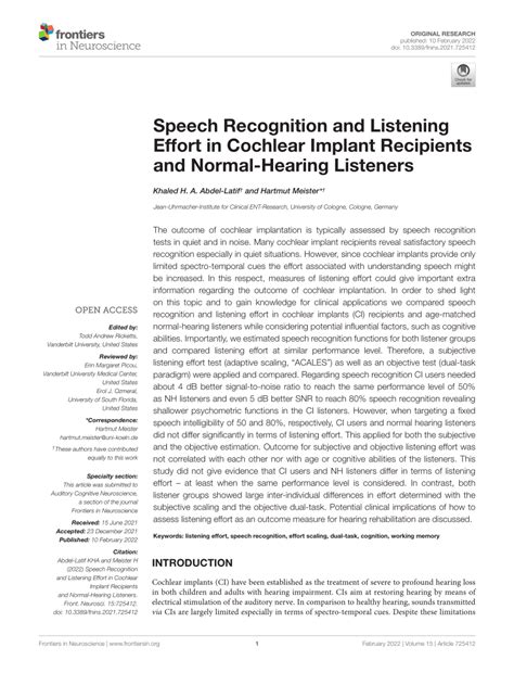 Pdf Speech Recognition And Listening Effort In Cochlear Implant Recipients And Normal Hearing