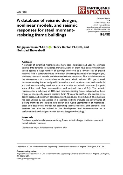 Pdf A Database Of Seismic Designs Nonlinear Models And Seismic